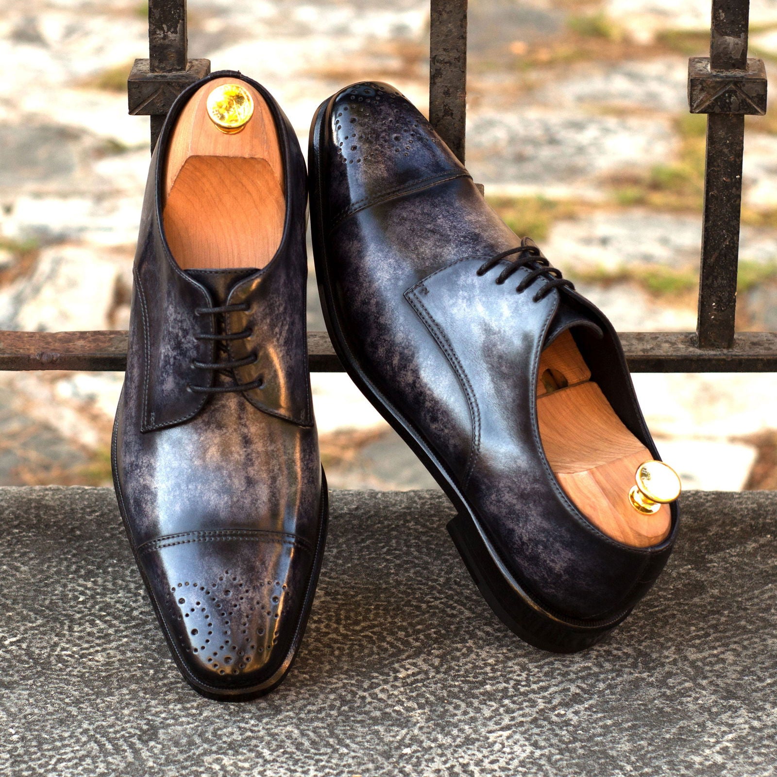 Men's Derby Shoes Patina Leather Wide Plus Size Black Grey 4194 – MERRIMIUM