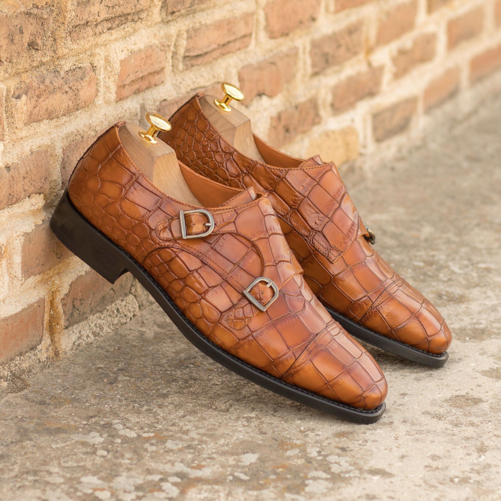Men's Double Monk Leather Shoes Goodyear Welt Wide Plus Size Brown 480 ...