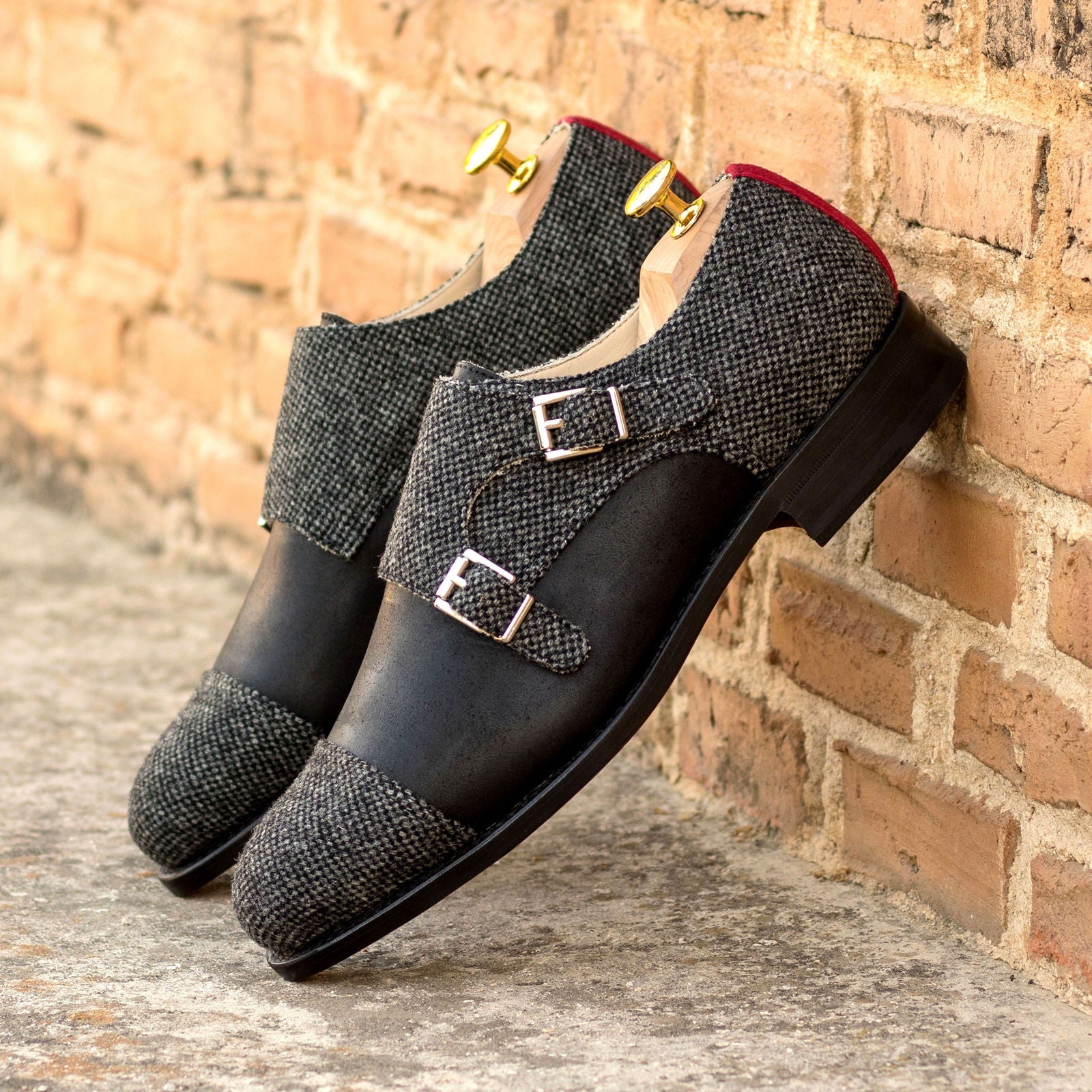 Men's Double Monk Leather Shoes Goodyear Welt Wide Plus Size Grey Red ...