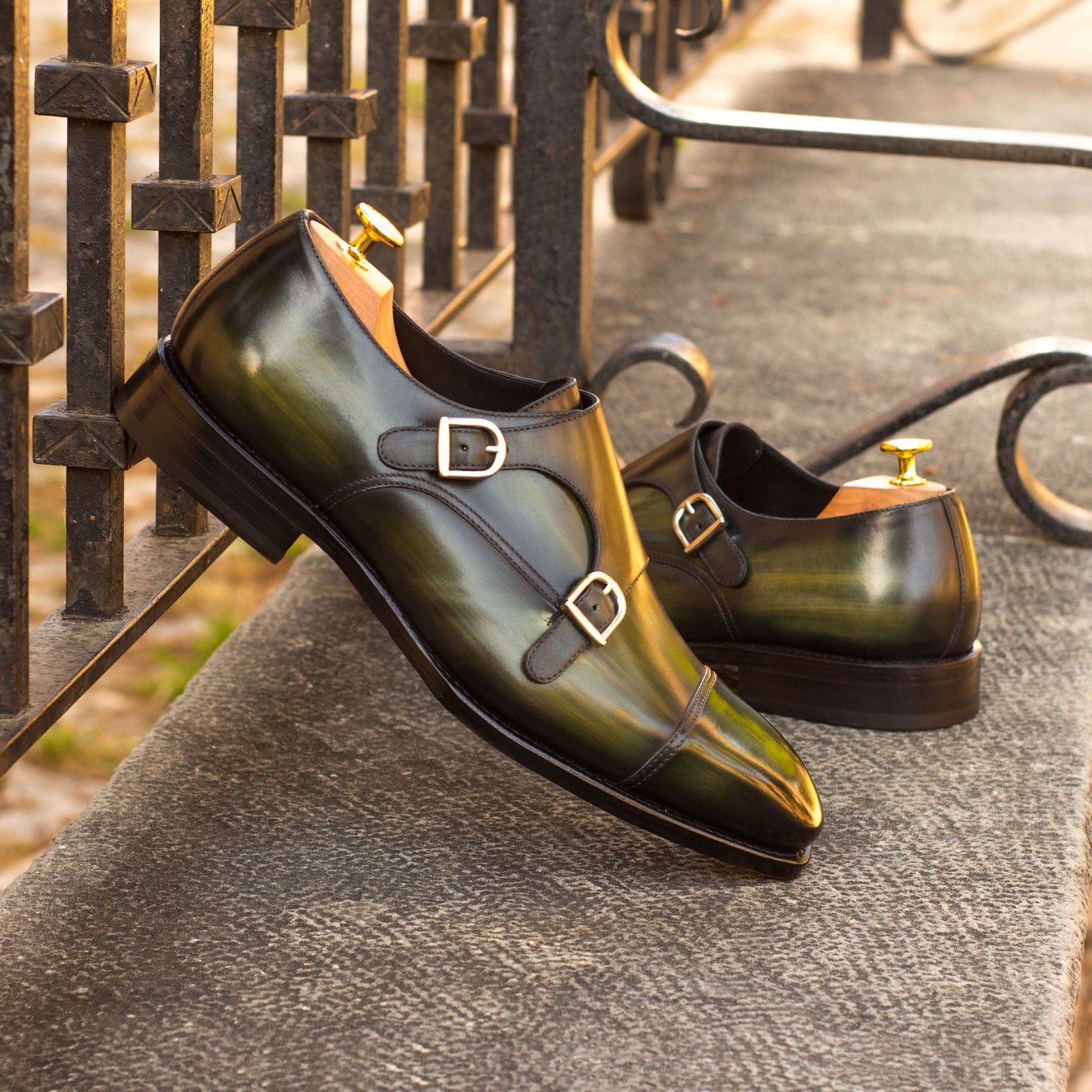 Men's Double Monk Shoes Patina Leather Goodyear Welt Wide Plus Size Gr ...