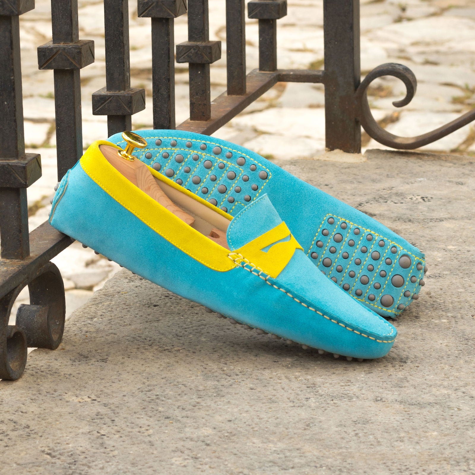 Men's Driver (Driving) Leather Shoes Plus Size Blue Yellow 4855 – MERRIMIUM