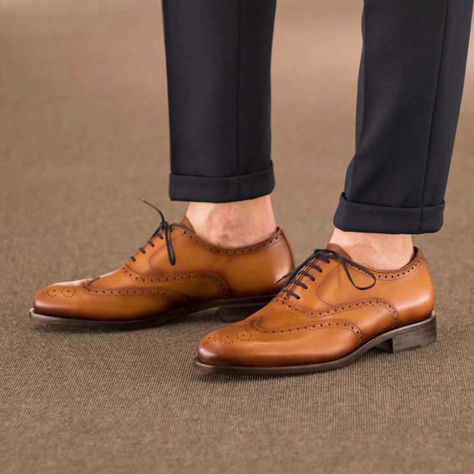 Men's Full Brogue Leather Shoes Goodyear Welt Wide Plus Size Brown 500 ...