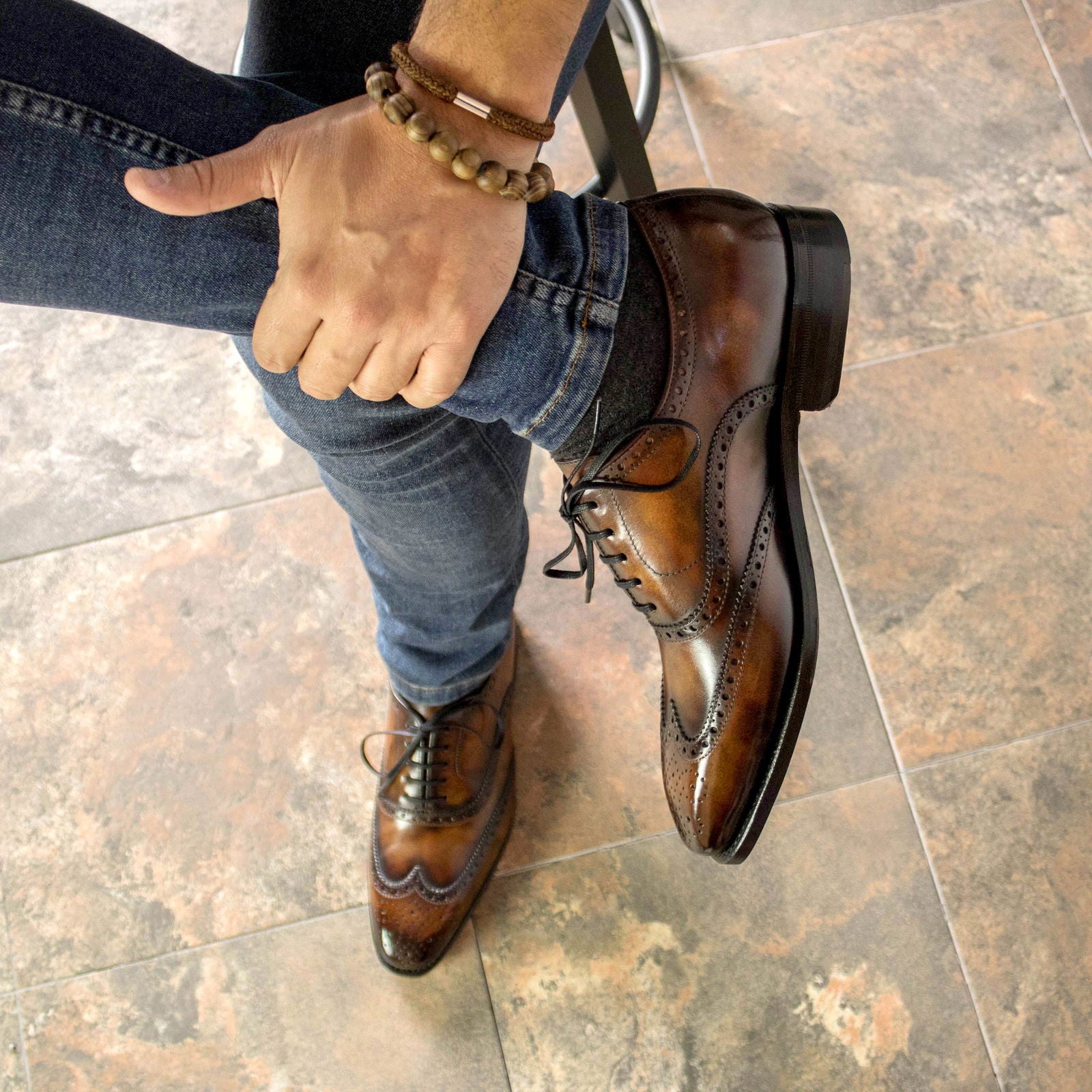 Men's Full Brogue Shoes Patina Leather Goodyear Welt Wide Plus Size Bu ...
