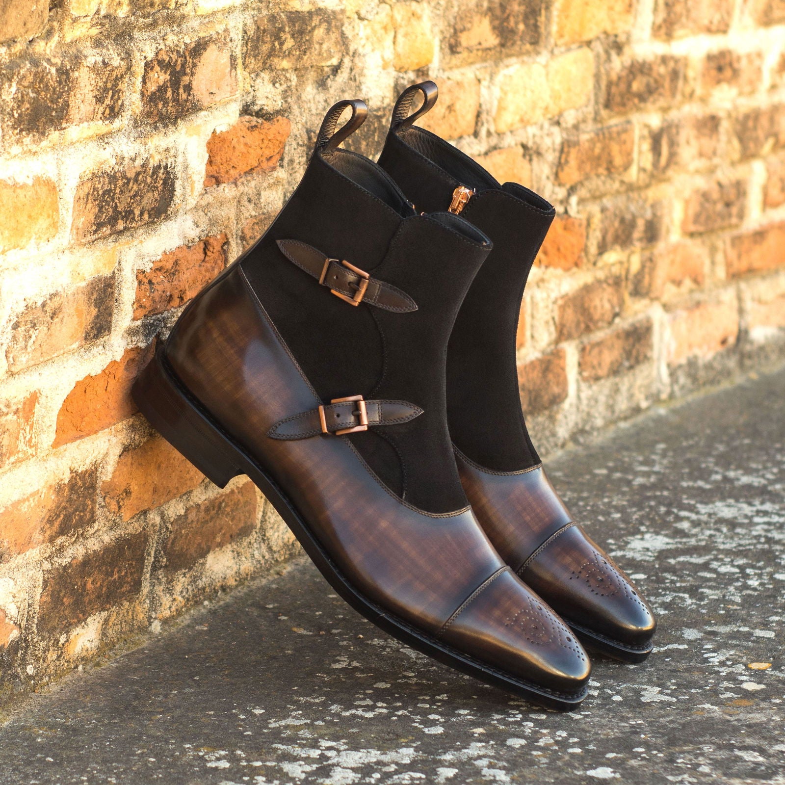Men's Octavian Buckle Boots Patina Leather Goodyear Welt Wide Plus Siz ...