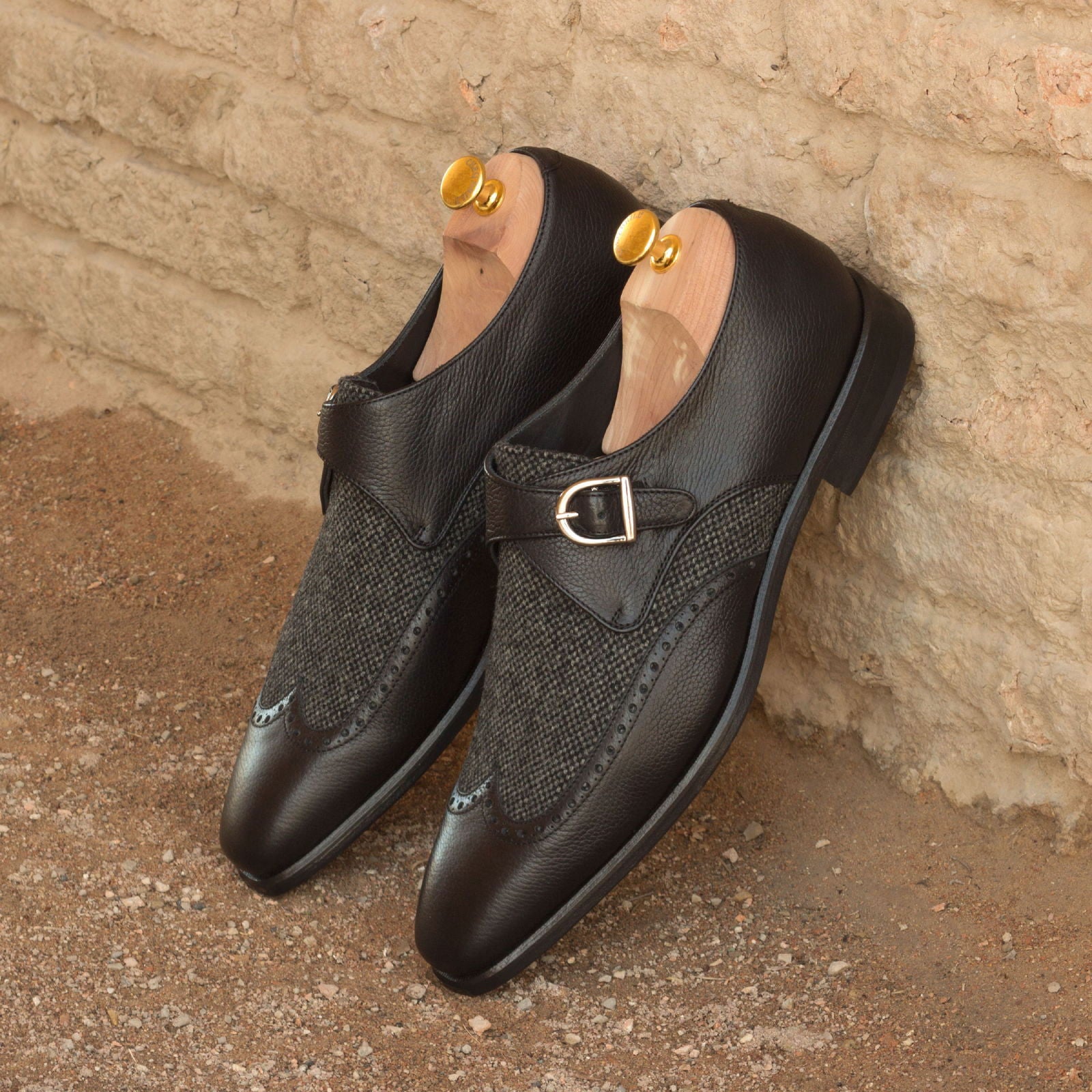 Men's Single Monk Leather Shoes Wide Plus Size Grey Black 2668 – MERRIMIUM