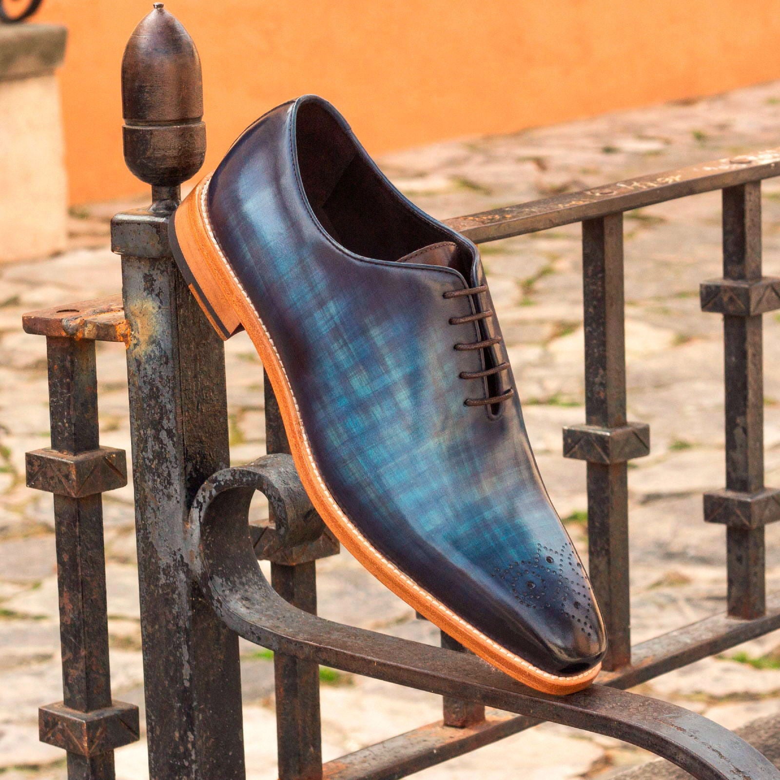 Men's Wholecut Shoes Patina Leather Wide Plus Size Blue Dark Brown 266 ...